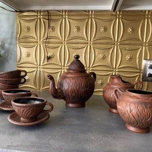 Vintage | Kitchen | Decorative Wood Carved Ceramic African Tea Set ...